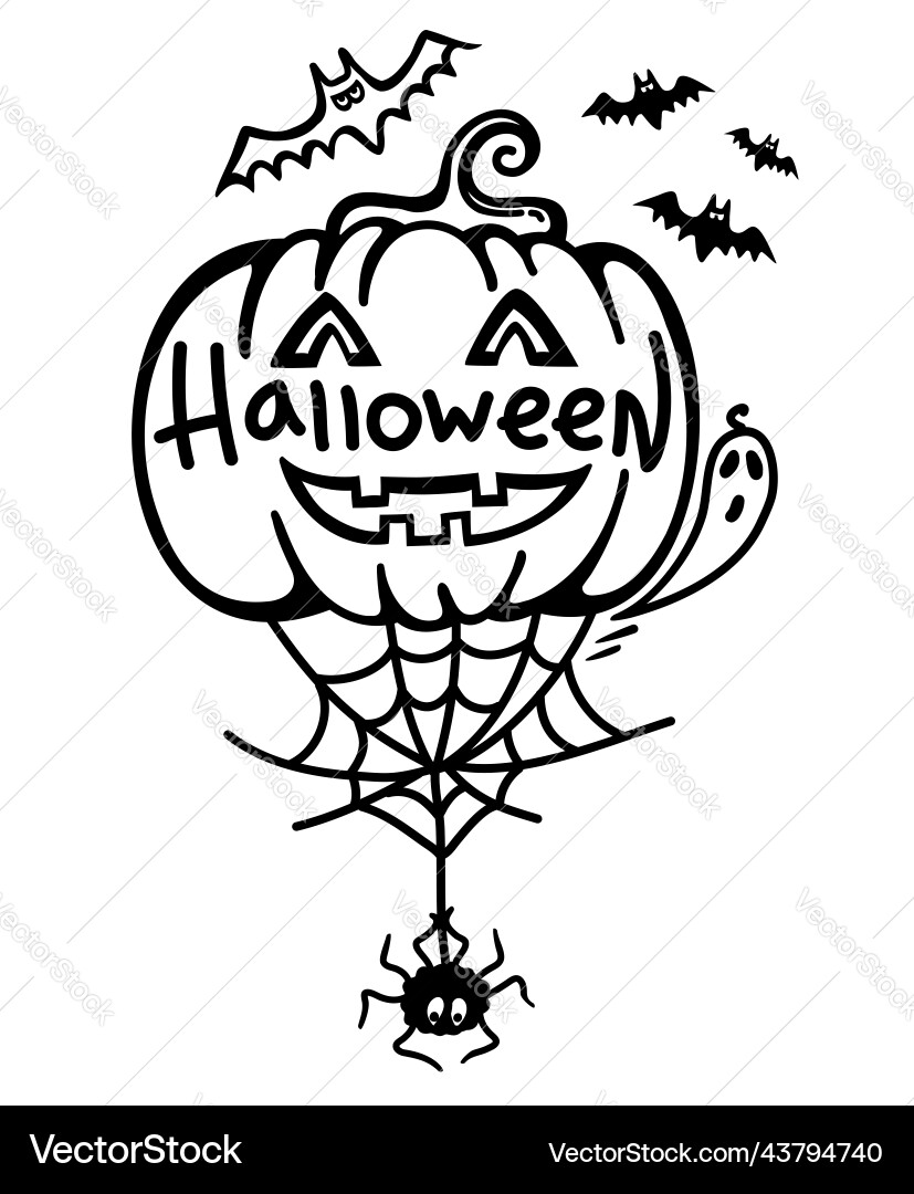 Halloween pumpkin with spider web and bats Vector Image