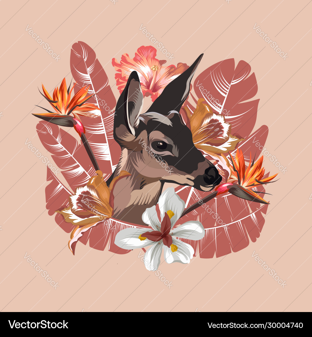 Hand drawn fawn with tropical Royalty Free Vector Image