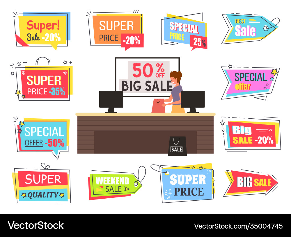 Cashier at checkout is packing Royalty Free Vector Image