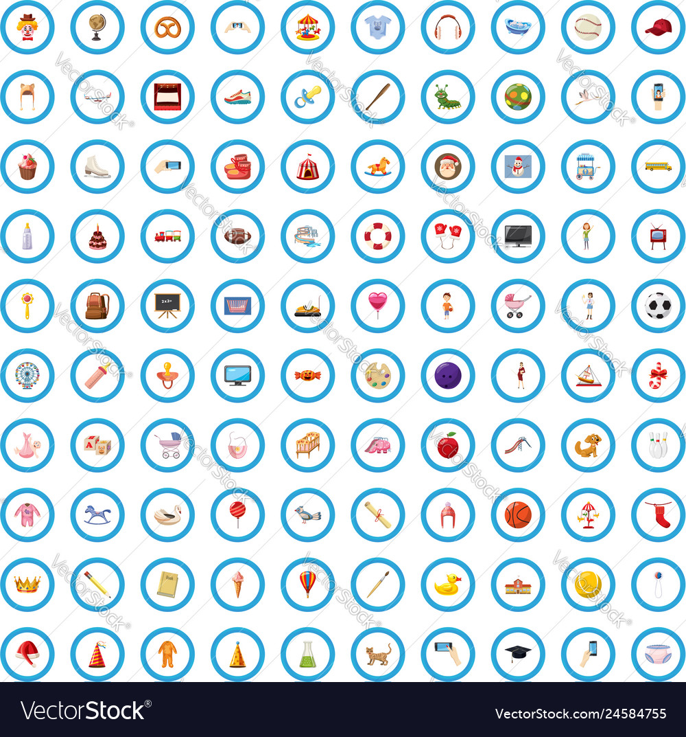 100 childish icons set cartoon style Royalty Free Vector