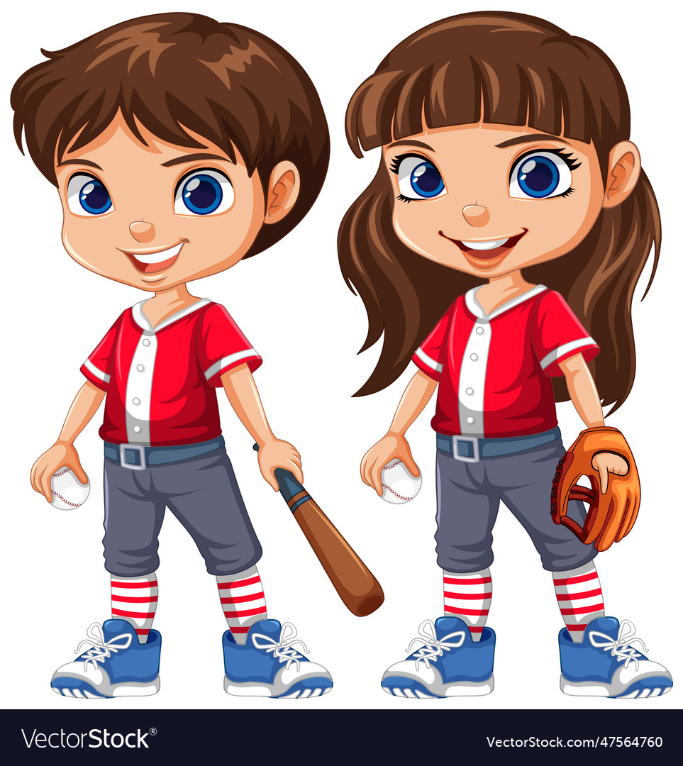 Boy and girl baseball player cartoon character Vector Image