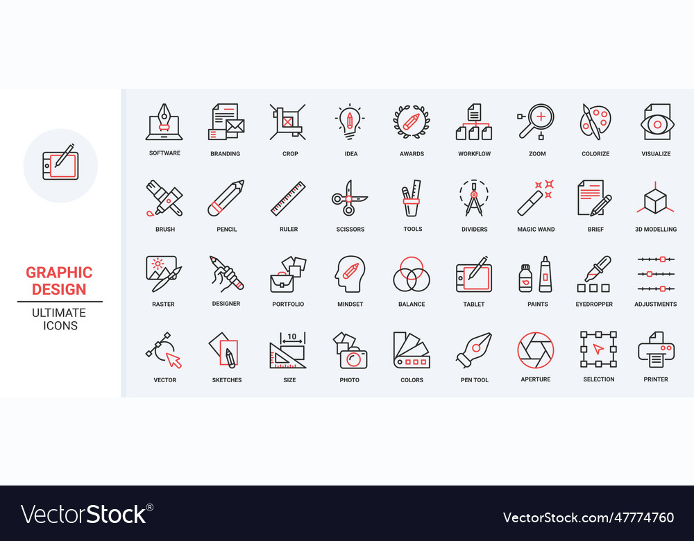 Graphic design red black thin line icons set Vector Image