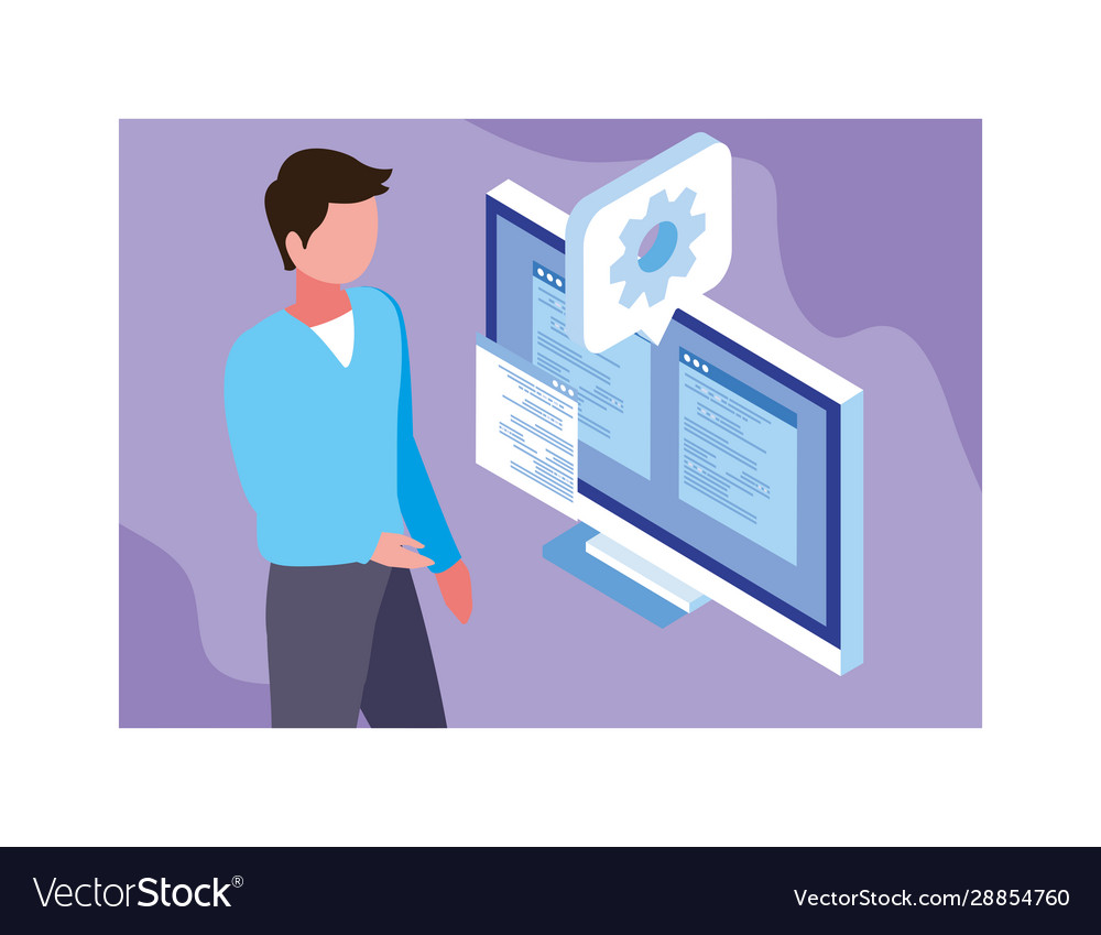 Man working in front computer screen Royalty Free Vector