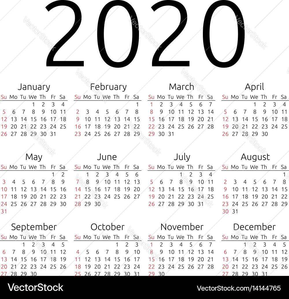 2020 Calendar - Sunday Start Royalty Free Vector Image