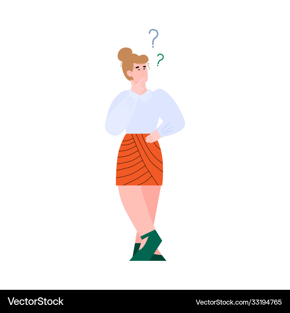 Confused woman standing among question marks flat Vector Image