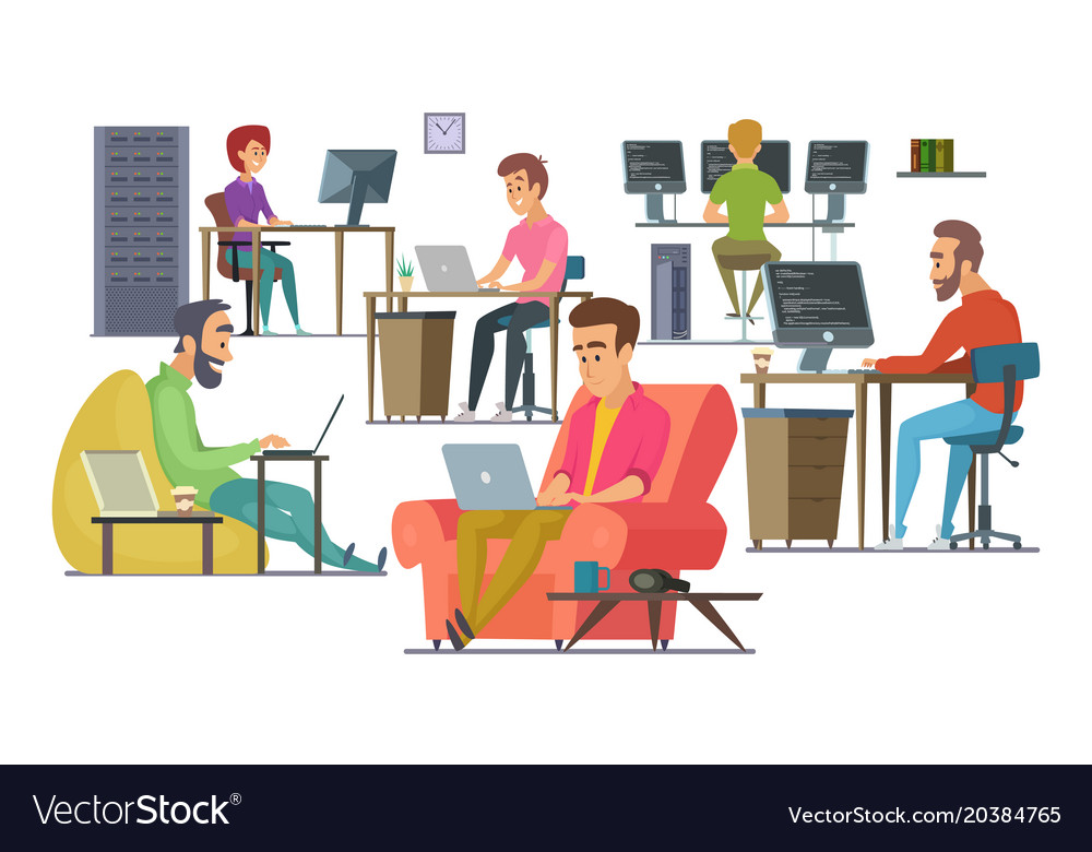 Coworkers at work male and female programmers and Vector Image