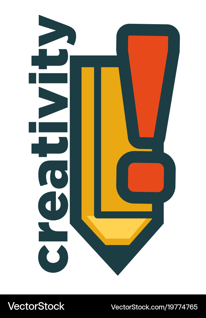 Creativity emblem with big pencil and exclemation Vector Image
