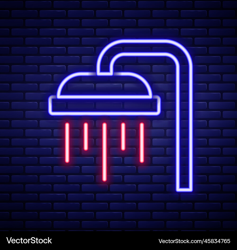 Glowing neon line shower head with water drops Vector Image