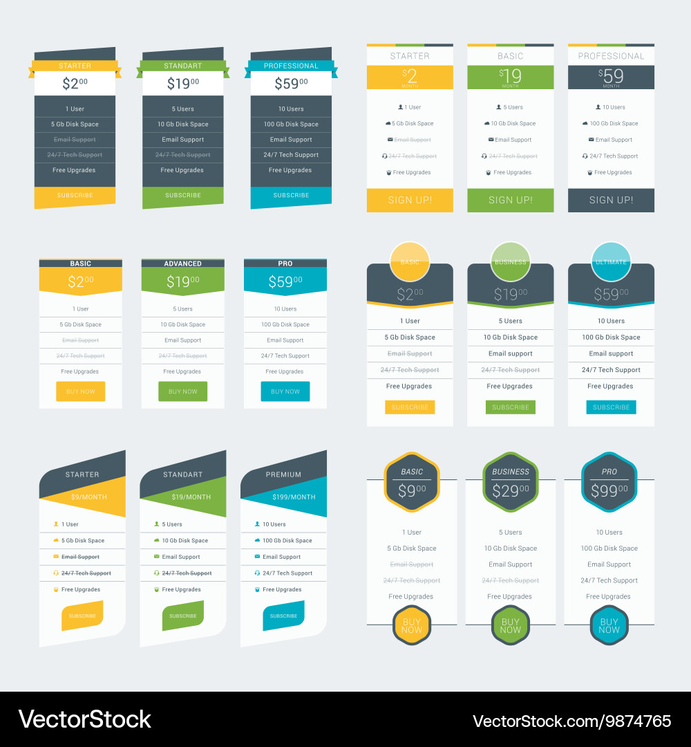 Set of pricing table design templates for websites