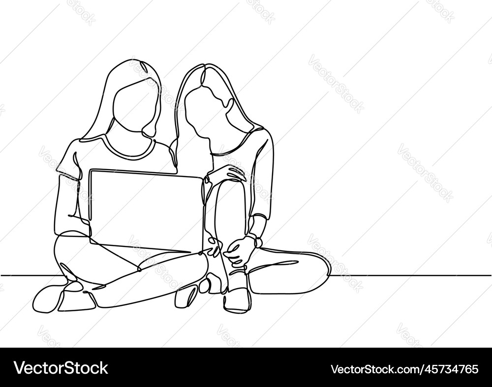 Two girl discussing and study with a laptop Vector Image
