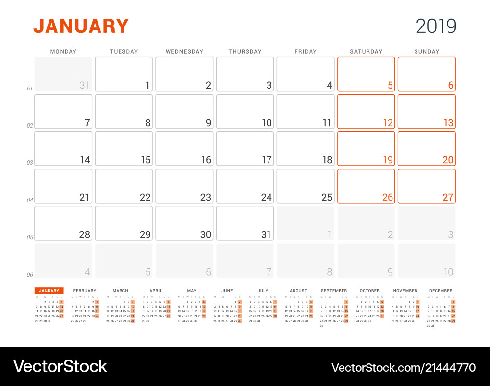 January 2019 calendar planner for year Royalty Free Vector