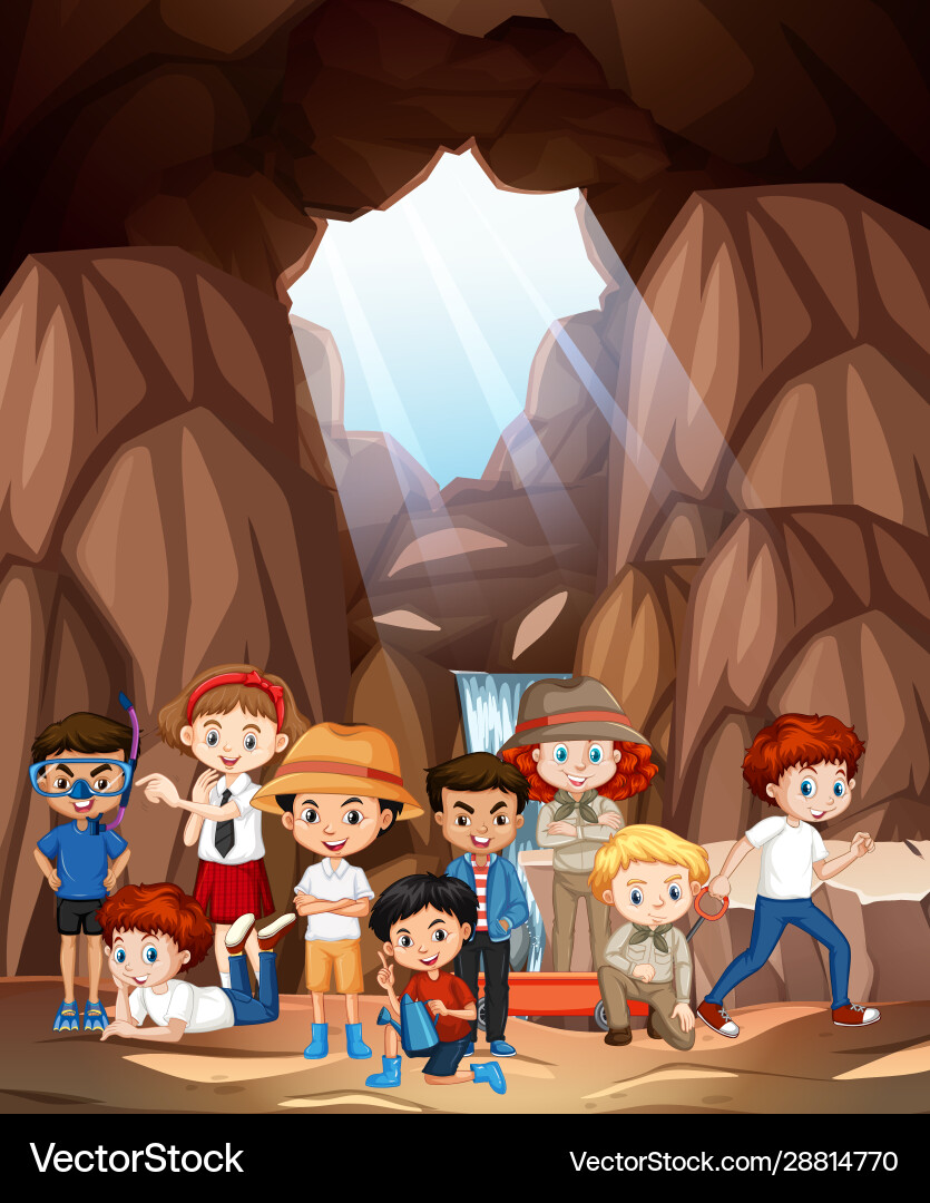 Scene with many kids in cave Royalty Free Vector Image