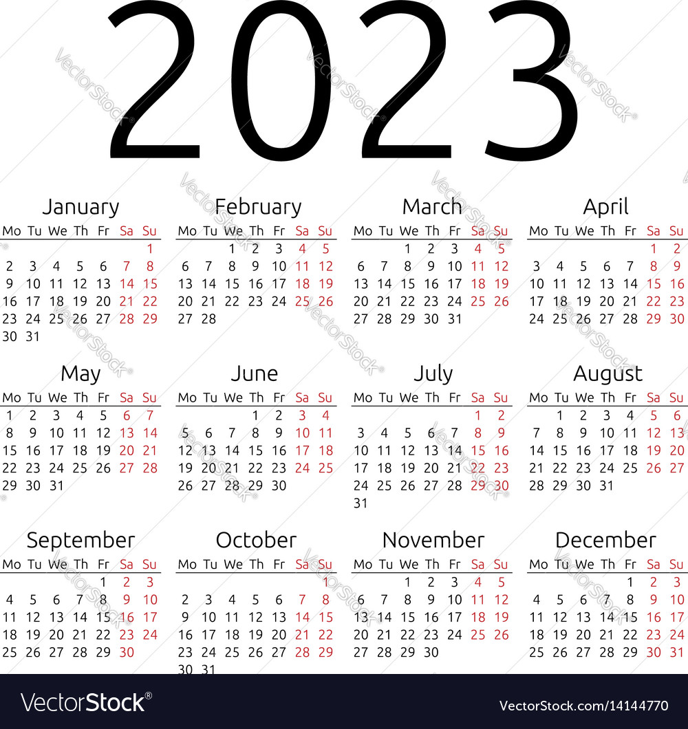 Simple Calendar 2023 Monday Royalty Free Vector Image
