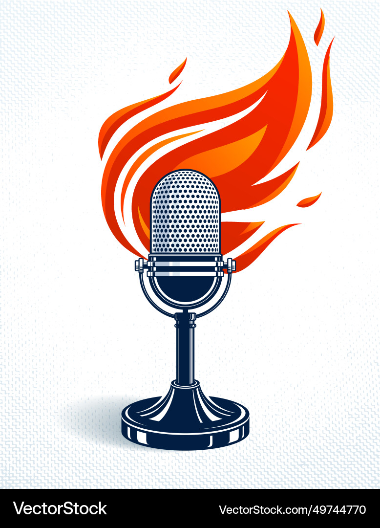 Vintage microphone on fire hot mic in flames Vector Image