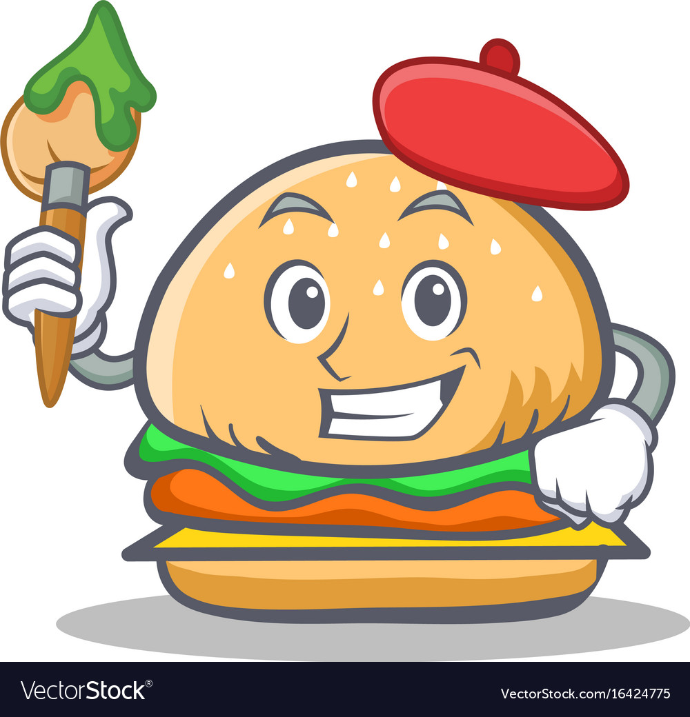 Artist burger character fast food Royalty Free Vector Image