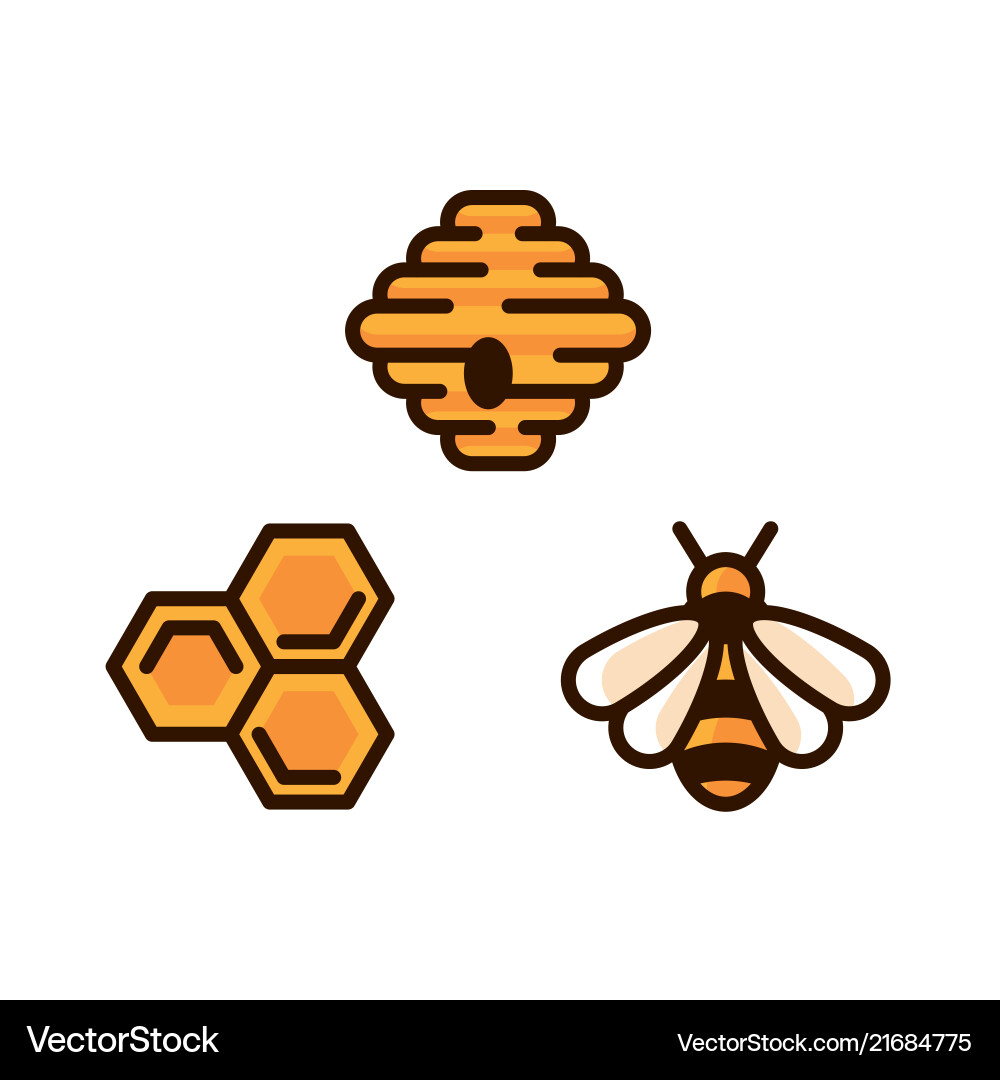 Yellow bee icon bee hive and honeycomb Royalty Free Vector
