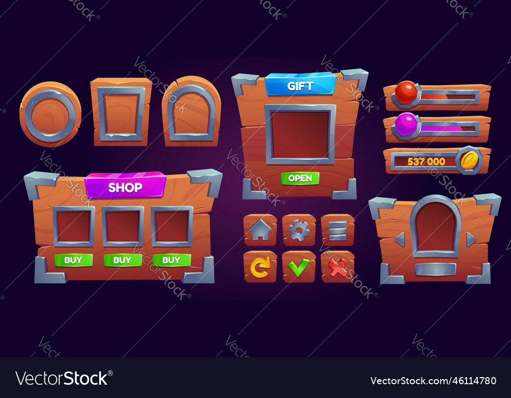 Game ui interface icons and wooden boards Vector Image