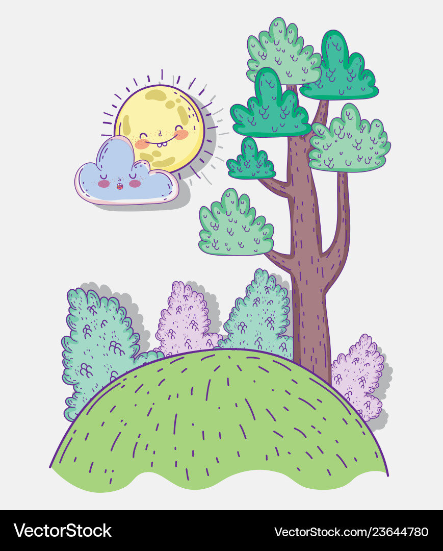 Nature tree with bushes and sun with clouds Vector Image