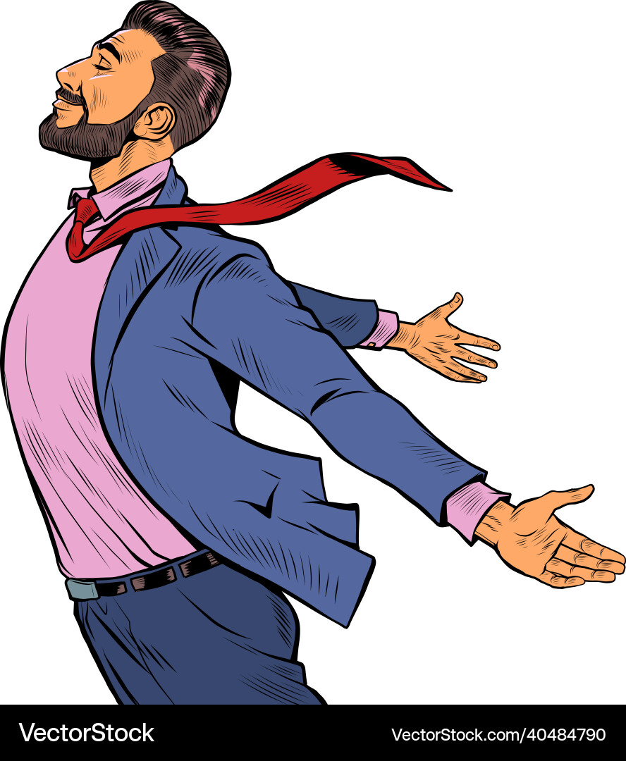 A joyful man stands in the wind opened his hands Vector Image