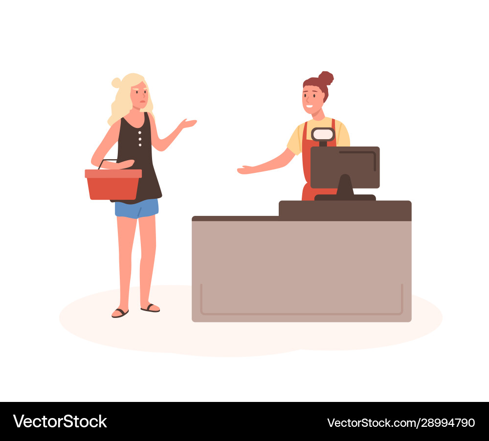 Angry woman at mall checkout flat Royalty Free Vector Image