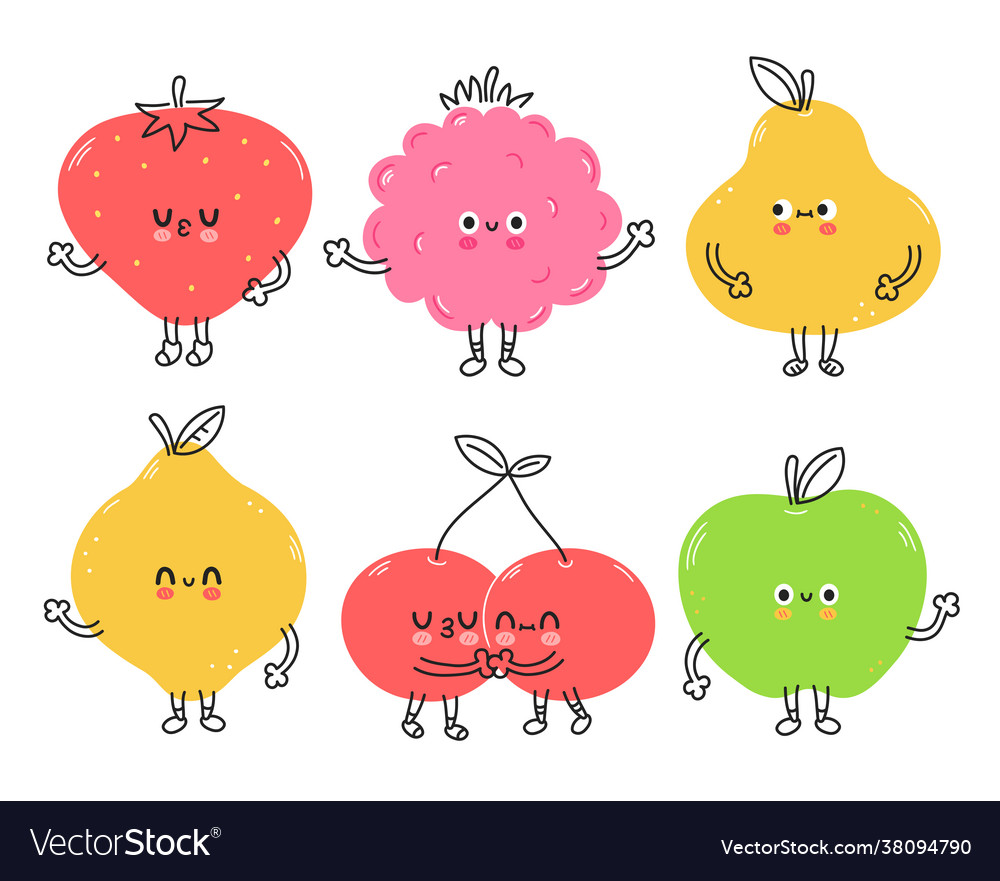 Cute funny fruits set collection hand Royalty Free Vector