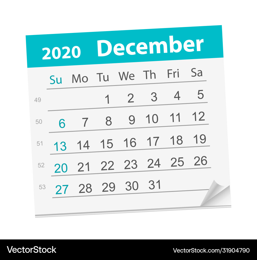 December 2020 Calendar Sheet Royalty Free Vector Image