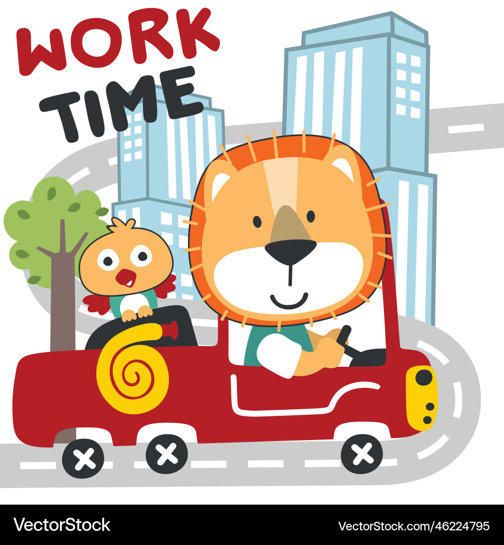 Funny lion firefighter on fire truck creative Vector Image