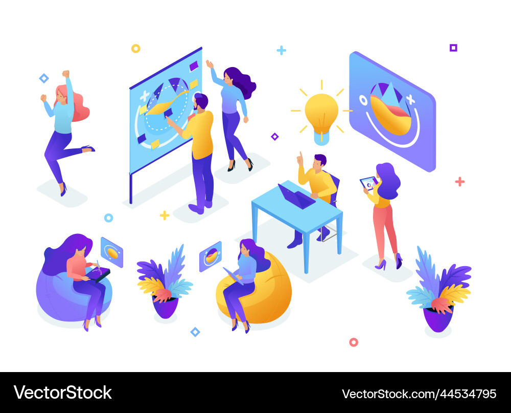 Isometric concept of a young team teamwork Vector Image