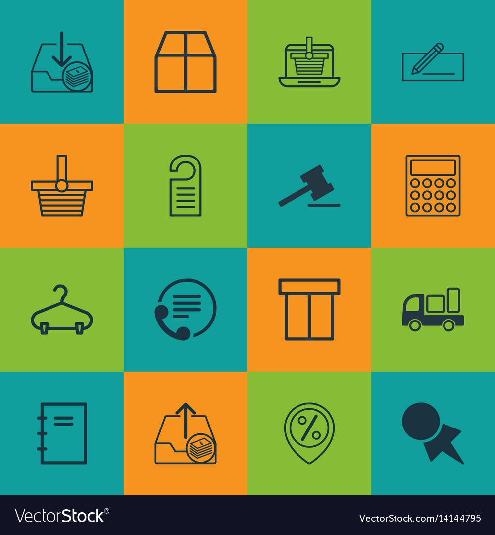 Set of 16 commerce icons includes gavel pannier Vector Image Set of 16 commerce icons includes gavel pannier Vector Image