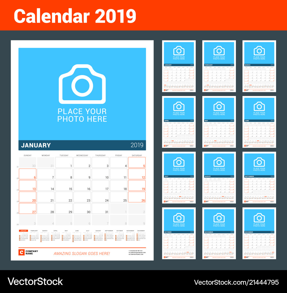 Wall calendar for 2019 year design print template Vector Image