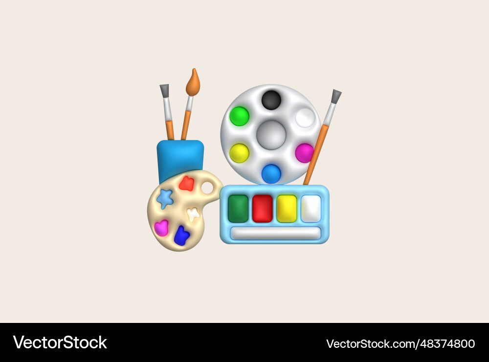 3d coloring equipment paint tray and brushes Vector Image
