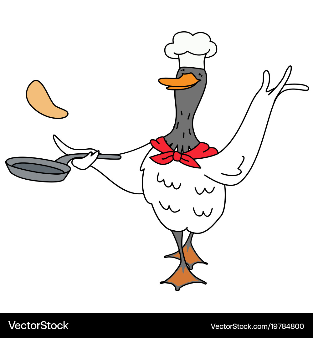 Cartoon duck chef cooks pancakes Royalty Free Vector Image
