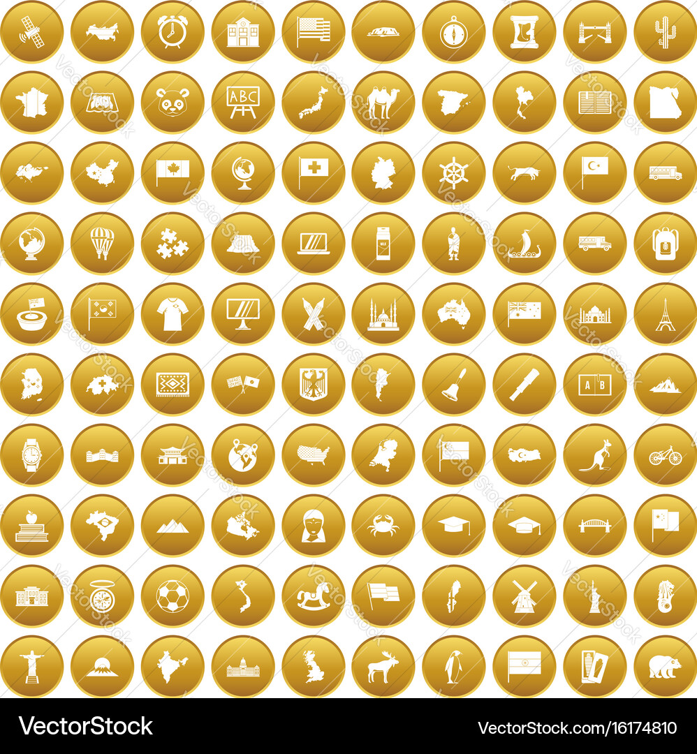 100 geography icons set gold Royalty Free Vector Image