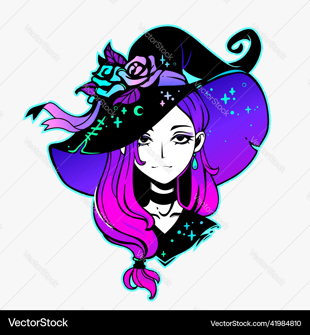 Cute witch with bright hair in a hat Royalty Free Vector