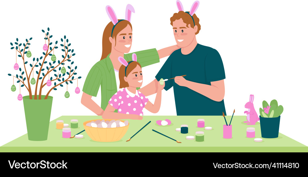 Happy family decorating easter eggs flat color Vector Image