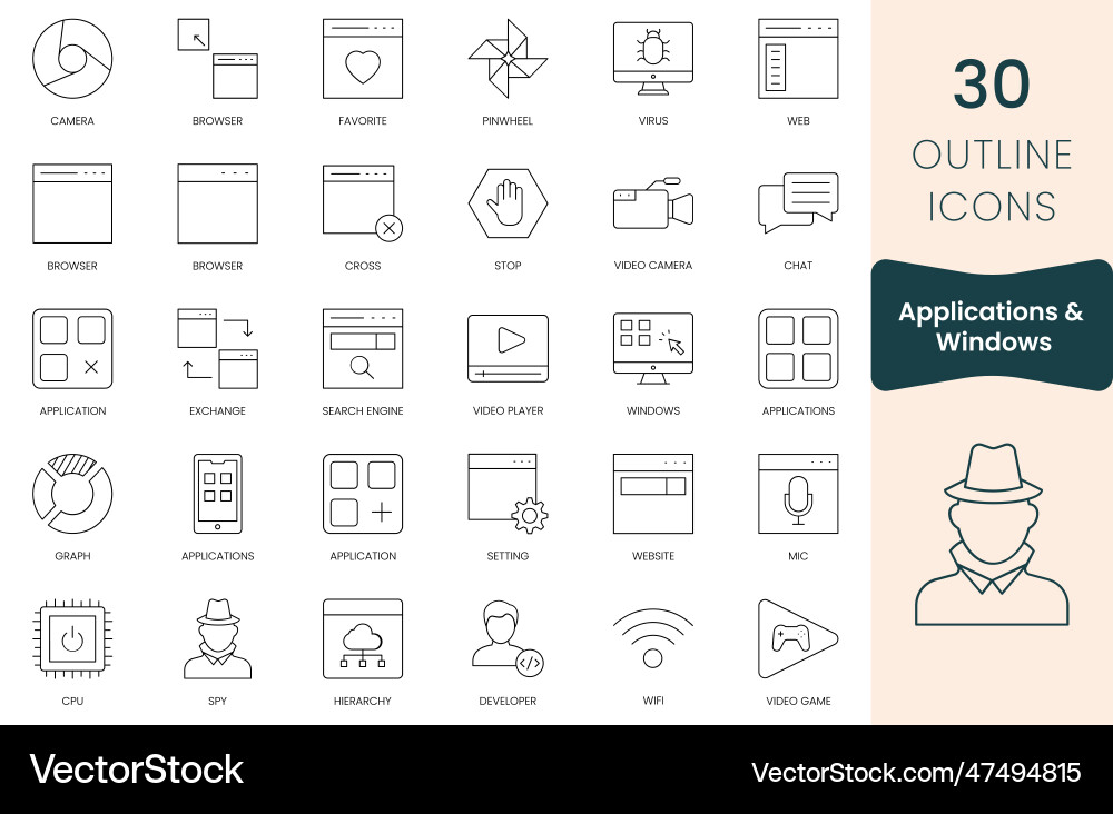 Set of applications and windows icons thin Vector Image