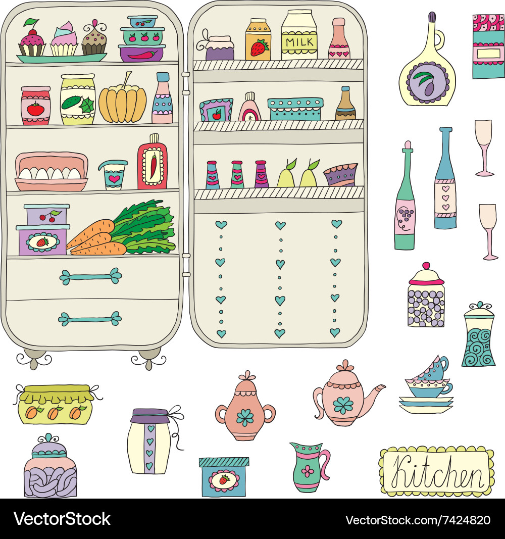 Doodle refrigerator with food drawn by hand Vector Image