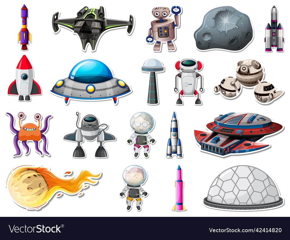 Sticker set of outer space objects and astronauts Vector Image