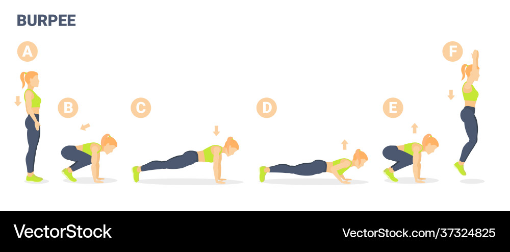 Female doing home workout burpee exercise guidance