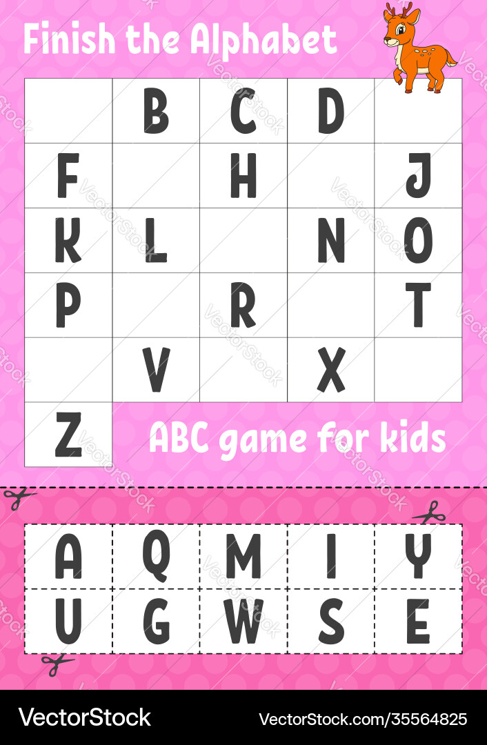 Finish alphabet abc game for kids cut Royalty Free Vector