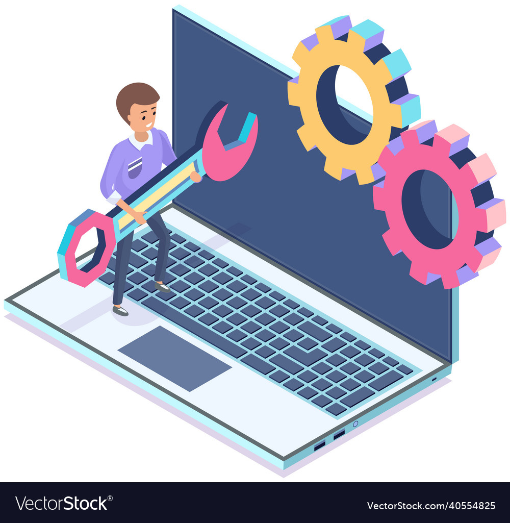 Man with wrench working settigns program Vector Image