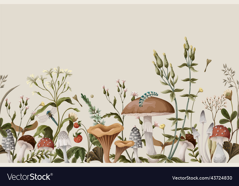 Autumn border with mushrooms berries and bugs Vector Image