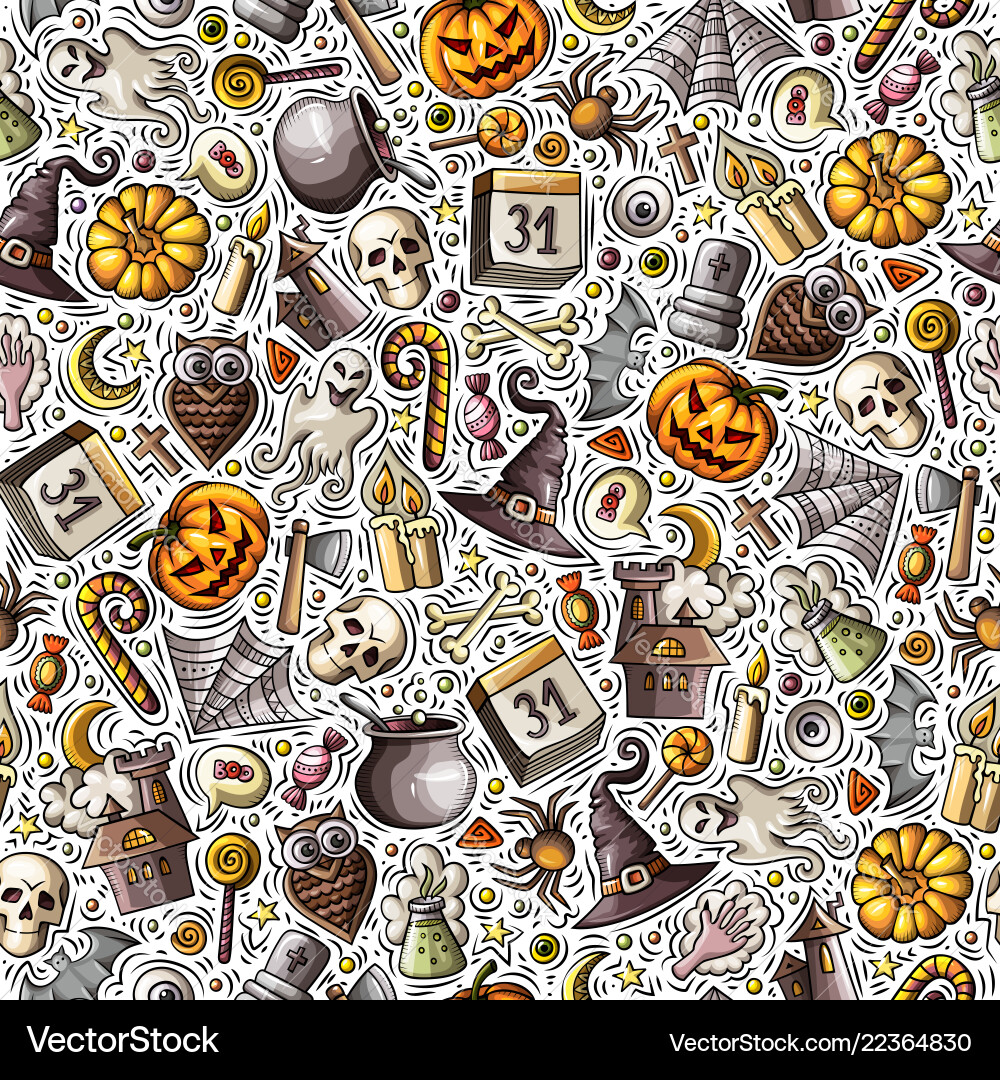 Cartoon cute hand drawn halloween seamless pattern