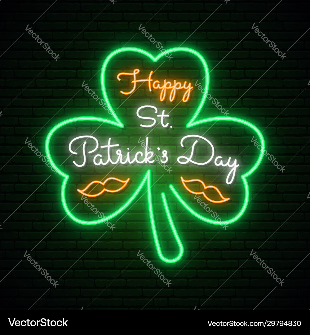Green shamrock neon signboard bright Royalty Free Vector