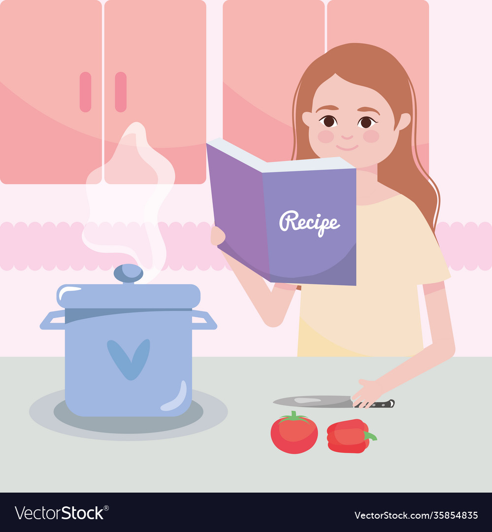 Kitchen design with woman reading a recipe book Vector Image
