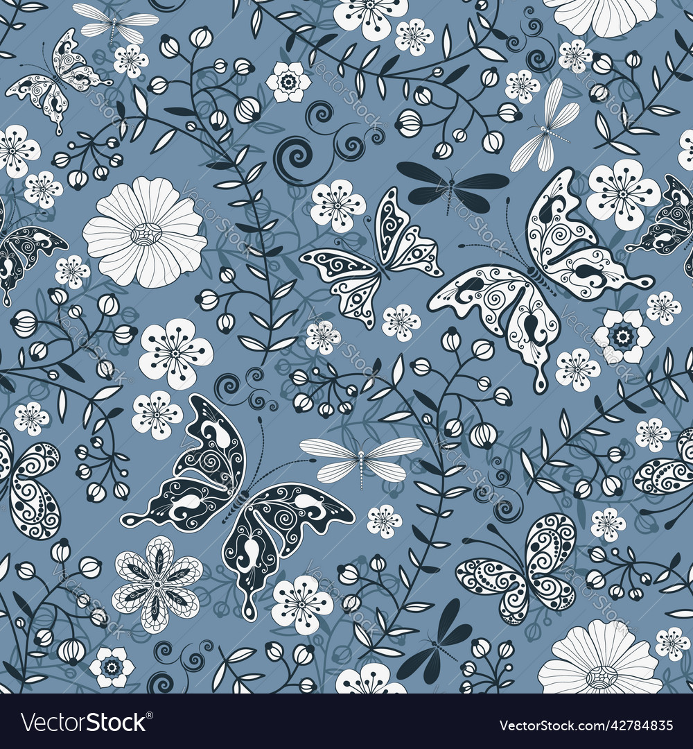 Seamless grey floral pattern with flowers Vector Image