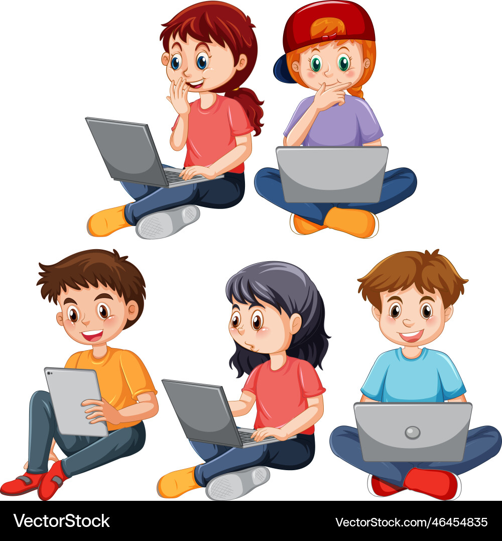 Set of children using laptop Royalty Free Vector Image