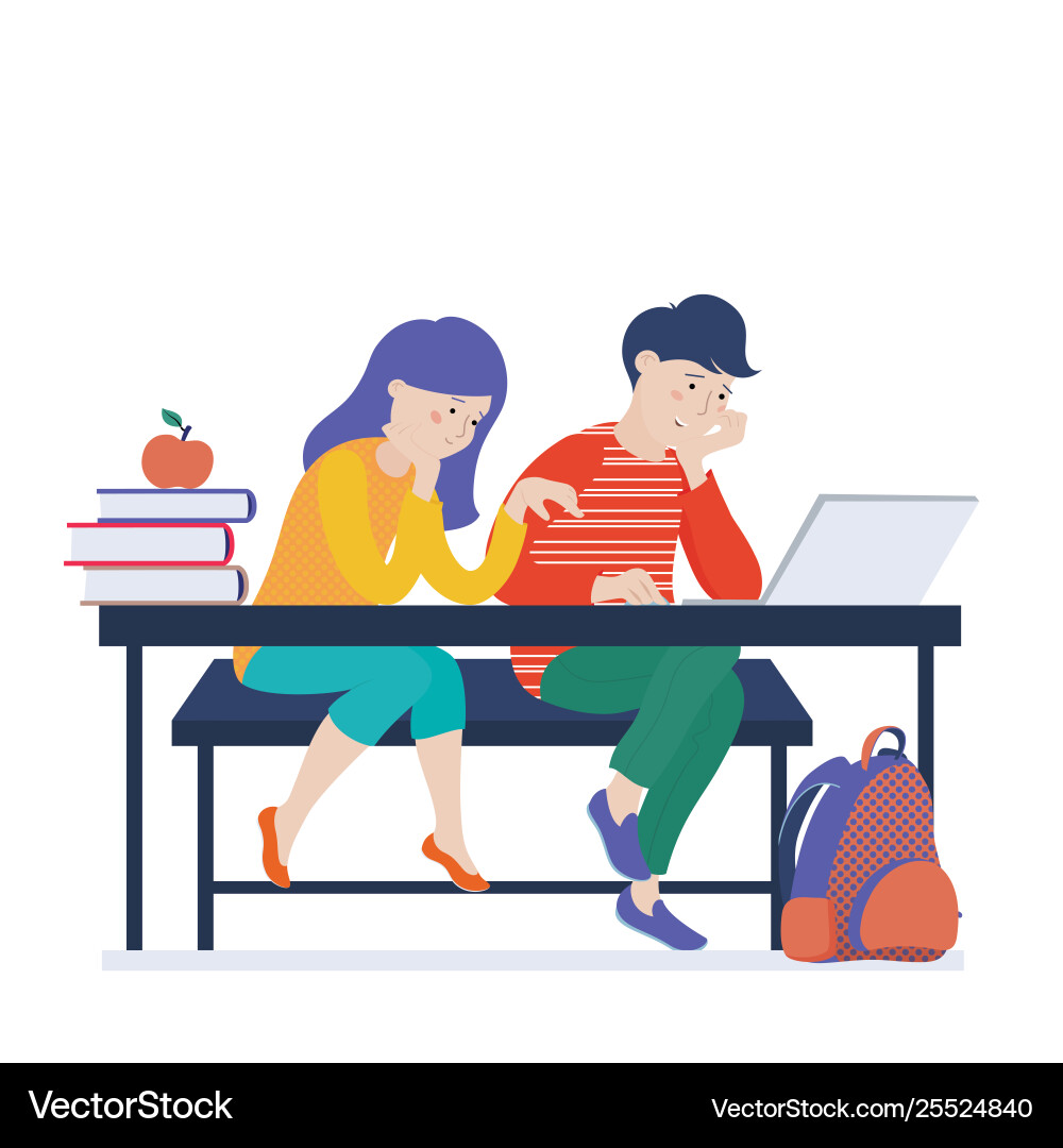 Boy and girl doing homework on computer together Vector Image