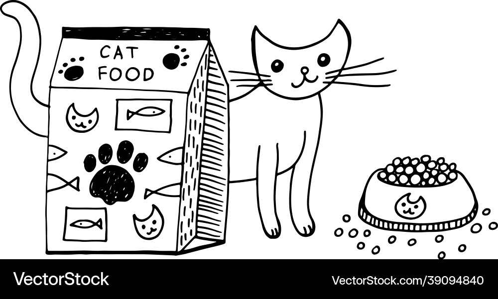 Cat food doodle funny cute kitten Royalty Free Vector Image