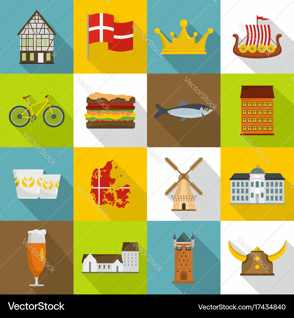 Denmark travel icons set flat style Royalty Free Vector